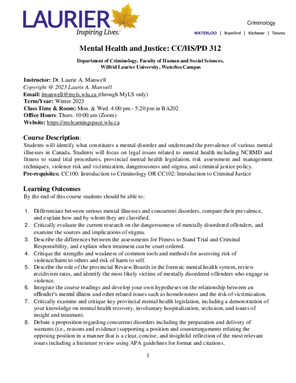 (PDF) Mental Health and Justice: CC/HS/PD 312