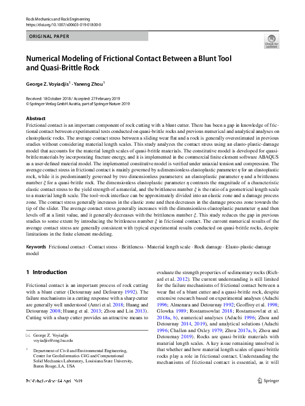 (PDF) Numerical Modeling of Frictional Contact Between a Blunt Tool and Quasi-Brittle Rock