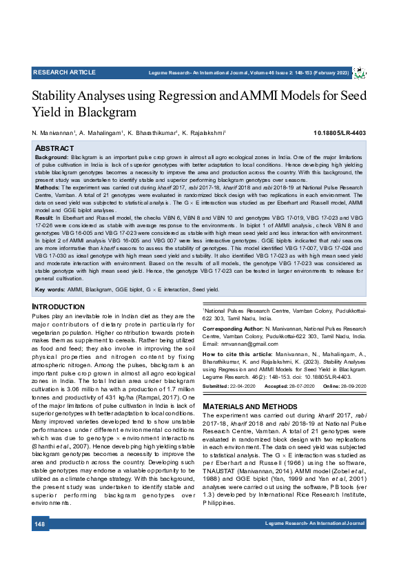 (PDF) Stability Analyses using Regression and AMMI Models for Seed Yield in Blackgram