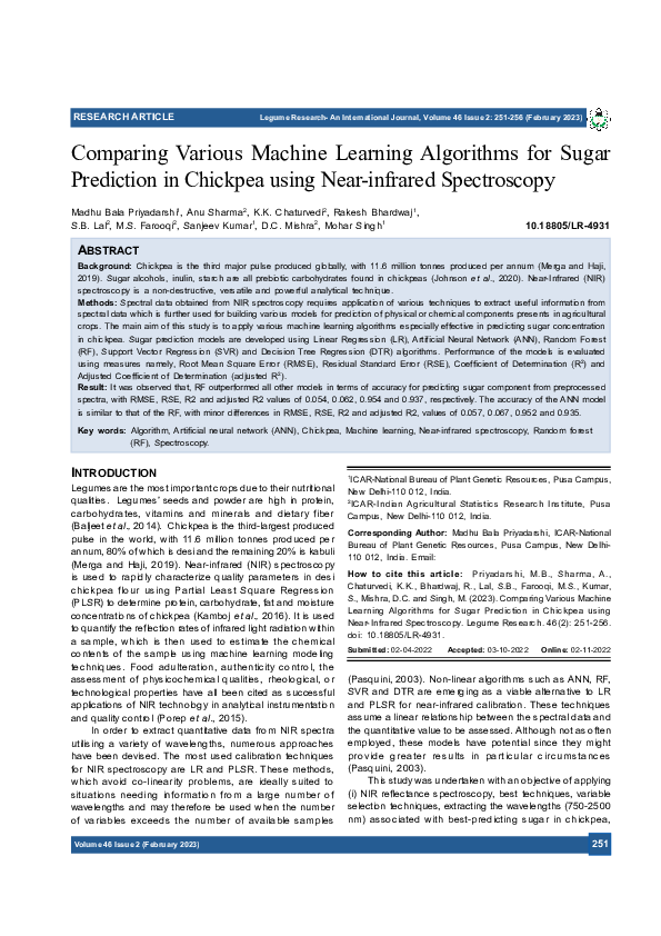 Pdf Comparing Various Machine Learning Algorithms For Sugar Prediction In Chickpea Using Near