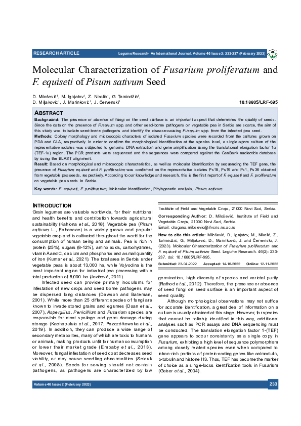 (PDF) Molecular Characterization of Fusarium proliferatum and F. equiseti of Pisum sativum Seed