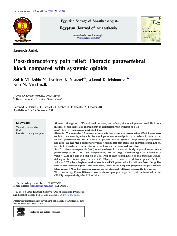 (PDF) Post-thoracotomy pain relief: Thoracic paravertebral block ...
