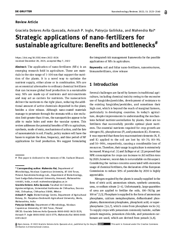 (PDF) Strategic applications of nano-fertilizers for sustainable agriculture: Benefits and ...