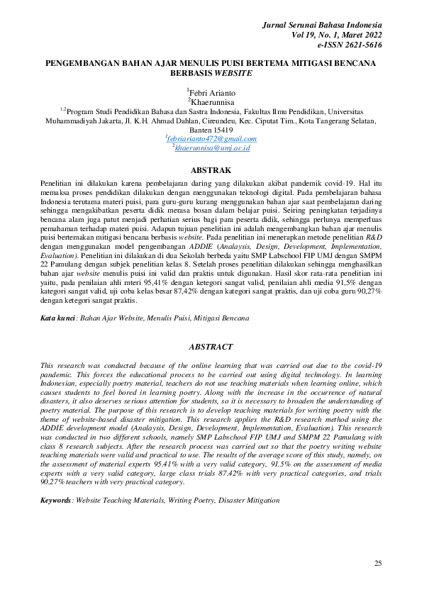 (PDF) Pengembangan Bahan Ajar Menulis Puisi Bertema Mitigasi Bencana Berbasis Website