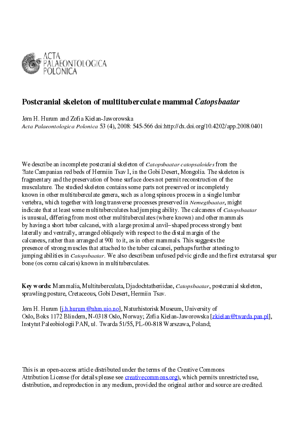 (PDF) Postcranial Skeleton of a Cretaceous Multituberculate Mammal ...