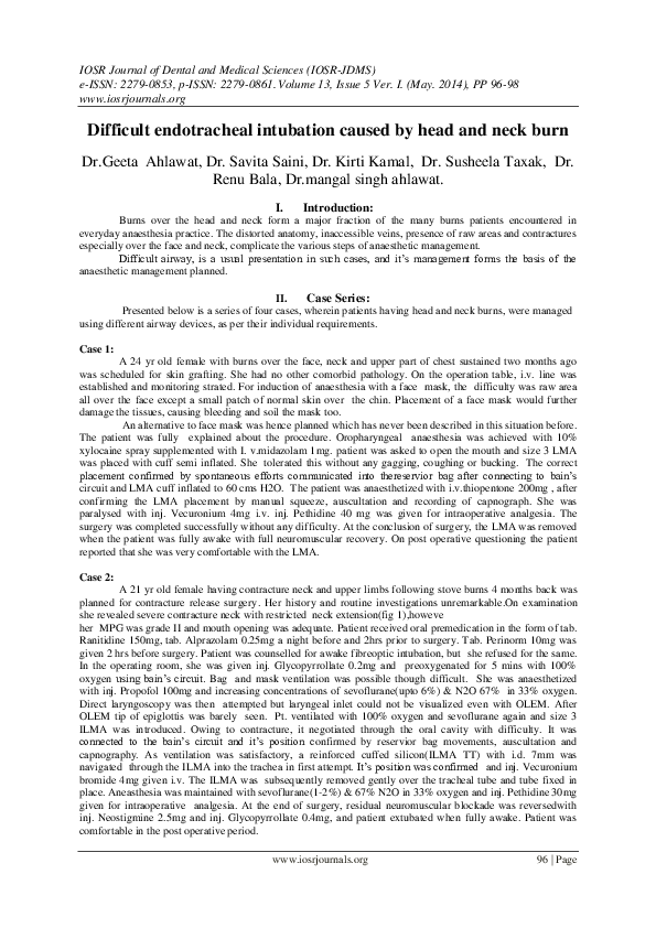 (PDF) Difficult endotracheal intubation caused by head and neck burn