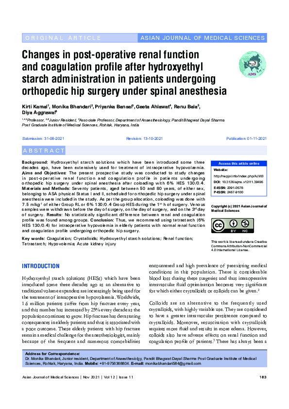 (PDF) Changes in post-operative renal function and coagulation profile ...