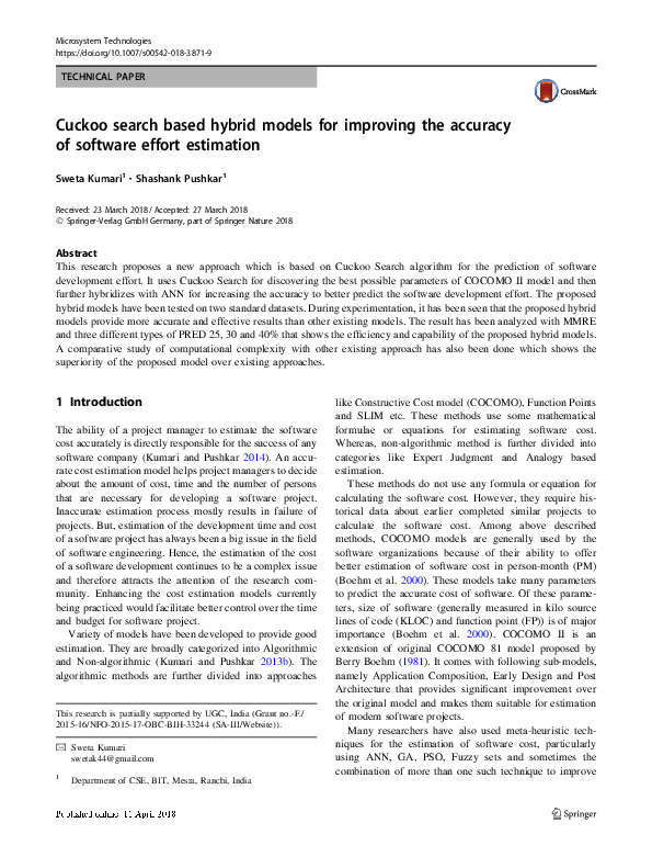 (PDF) Cuckoo search based hybrid models for improving the accuracy of software effort estimation