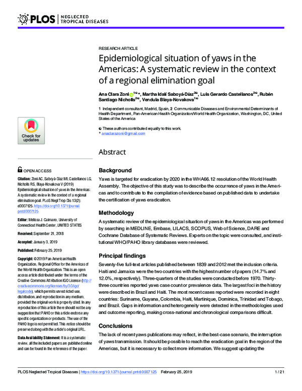 (PDF) Epidemiological situation of yaws in the Americas: A systematic ...