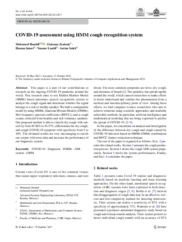 (PDF) COVID-19 assessment using HMM cough recognition system | Amine ...