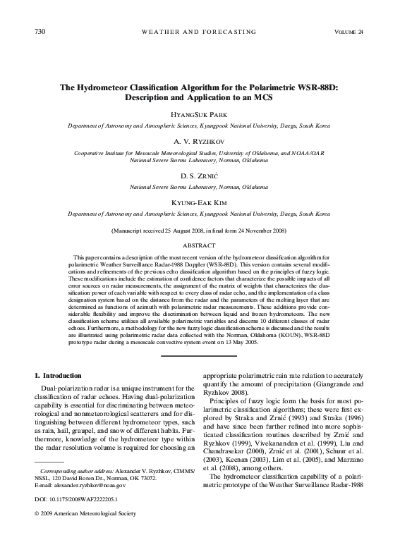 (PDF) The Hydrometeor Classification Algorithm for the Polarimetric WSR-88D: Description and ...