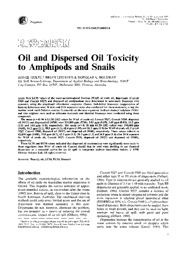(PDF) Oil and dispersed oil toxicity to amphipods and snails