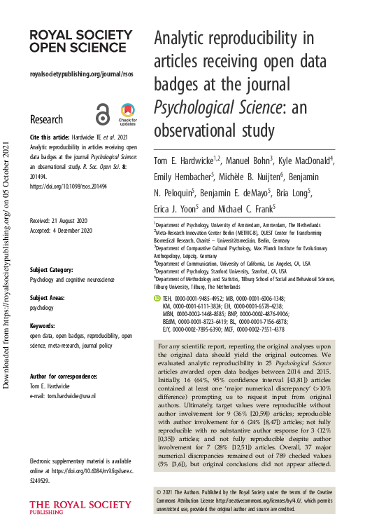 (PDF) Analytic reproducibility in articles receiving open data badges ...