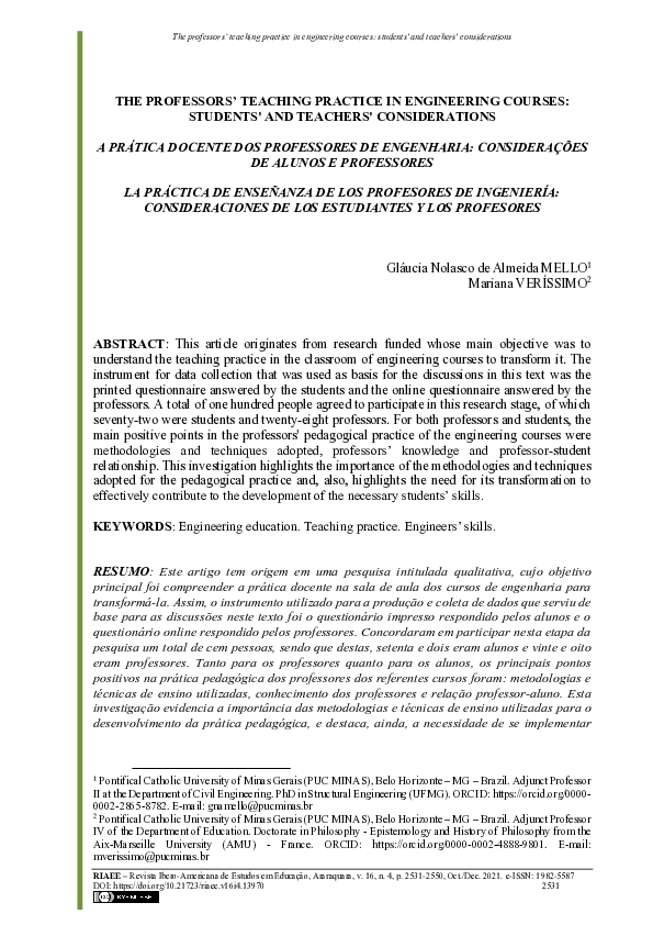 (PDF) THE PROFESSORS' TEACHING PRACTICE IN ENGINEERING COURSES