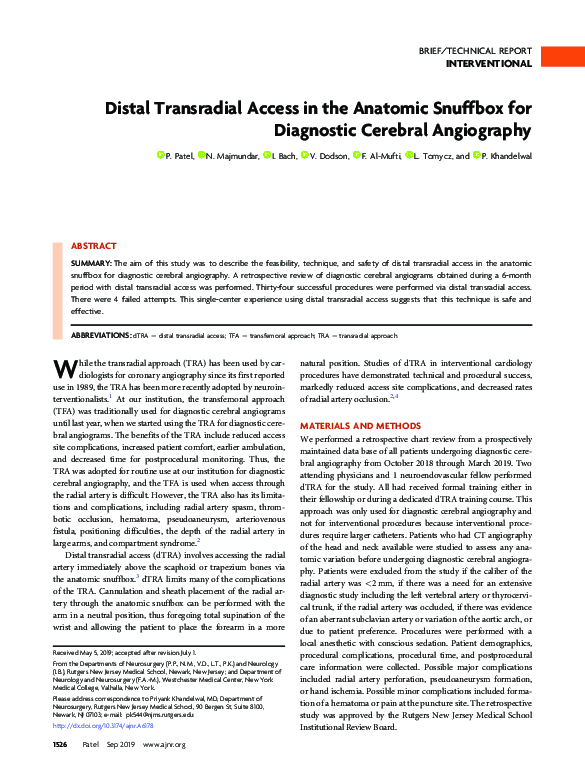 (PDF) Distal Transradial Access in the Anatomic Snuffbox for Diagnostic Cerebral Angiography