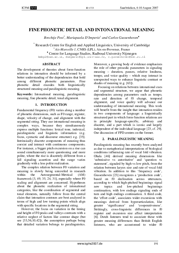 (PDF) Fine phonetic detail and intonational meaning