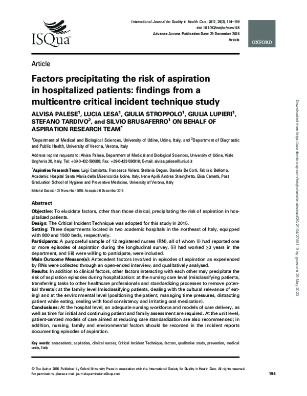 Factors precipitating the risk of aspiration in hospitalized patients ...
