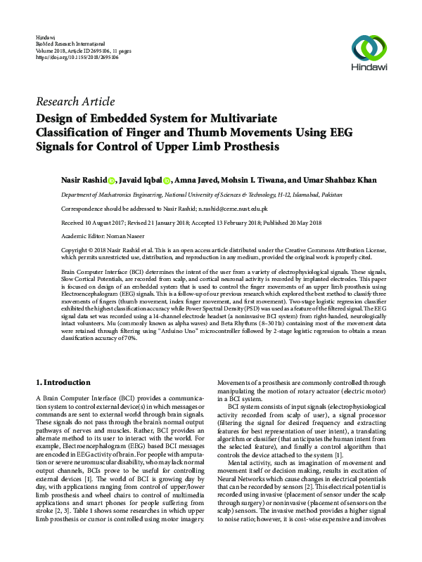 (PDF) Design of Embedded System for Multivariate Classification of Finger and Thumb Movements ...