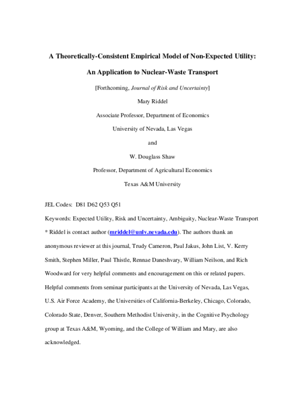 Pdf A Theoretically Consistent Empirical Model Of Non Expected Utility An Application To