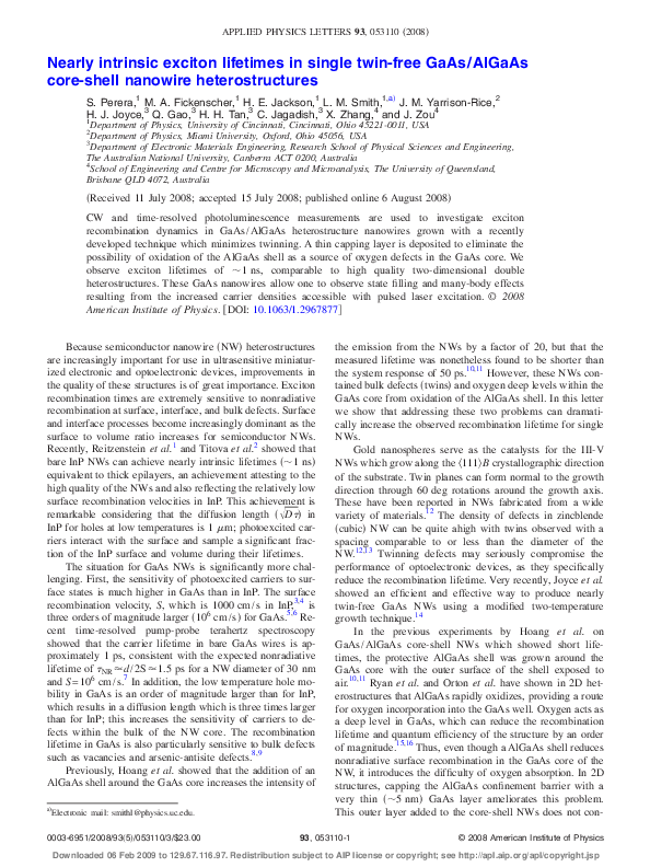 (PDF) Nearly intrinsic exciton lifetimes in single twin-free GaAs∕AlGaAs core-shell nanowire ...