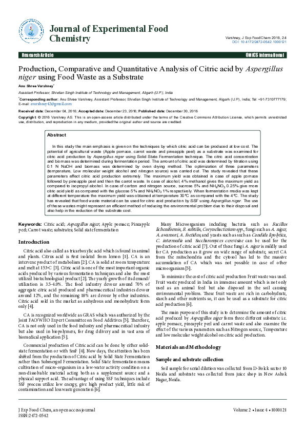 (PDF) Production, Comparative and Quantitative Analysis of Citric acid by Aspergillus niger ...