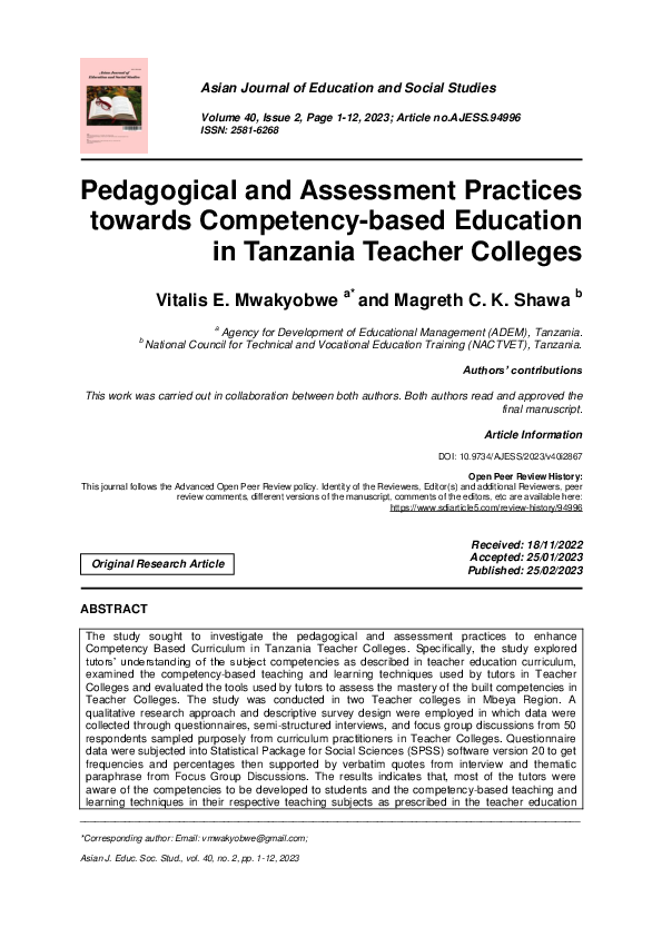 (PDF) Pedagogical and Assessment Practices towards Competency-based Education in Tanzania ...