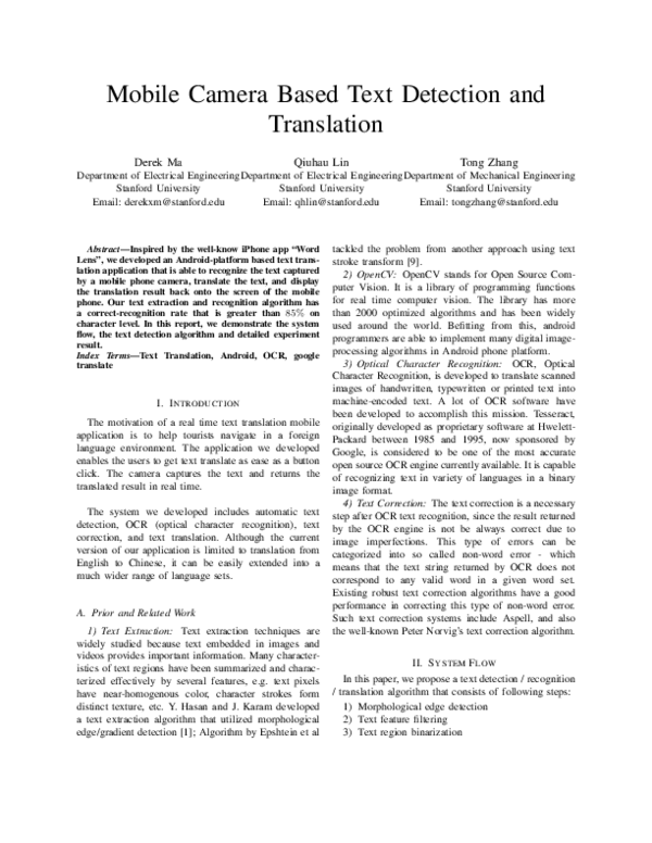(PDF) Mobile Camera Based Text Detection and Translation