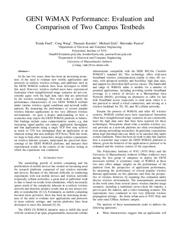 Pdf Geni Wimax Performance Evaluation And Comparison Of Two Campus Testbeds Shivendra