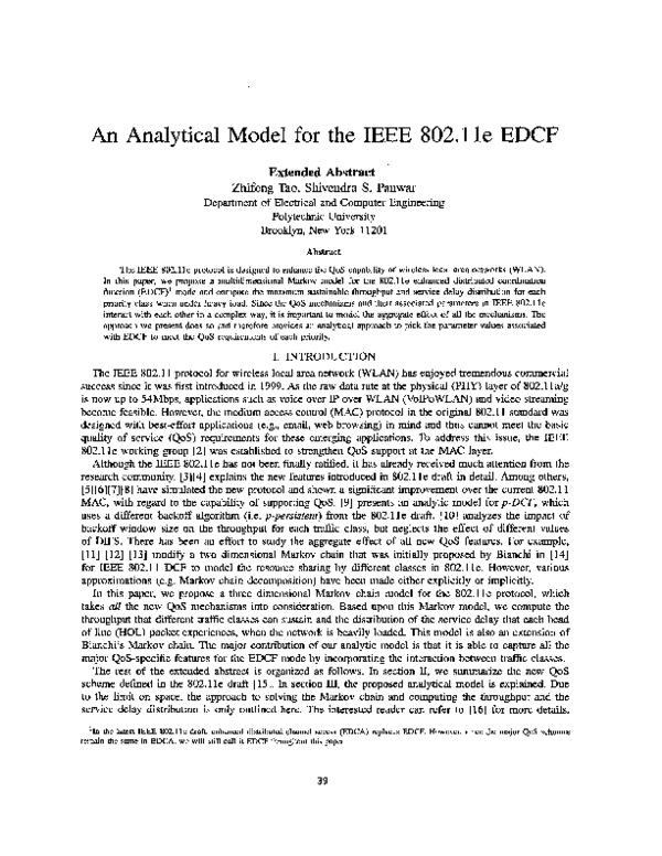 (PDF) An analytical model for the IEEE 802.11e EDCF