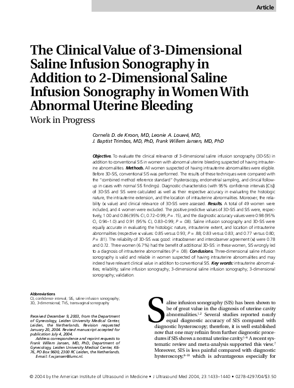 (PDF) The Clinical Value of 3-Dimensional Saline Infusion Sonography in ...