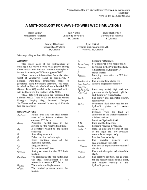 (PDF) A Methodology for Wave-To-Wire Wec Simulations