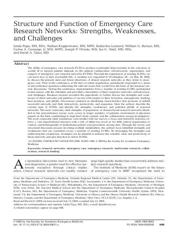 (PDF) Structure and Function of Emergency Care Research Networks ...