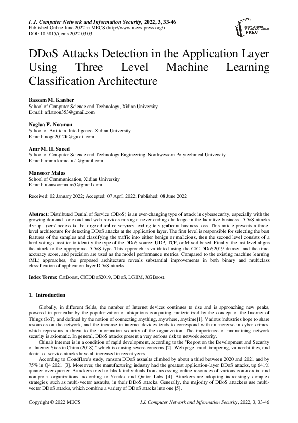 Pdf Ddos Attacks Detection In The Application Layer Using Three Level Machine Learning