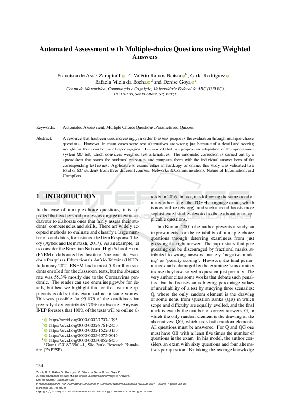 Pdf Automated Assessment With Multiple Choice Questions Using Weighted Answers