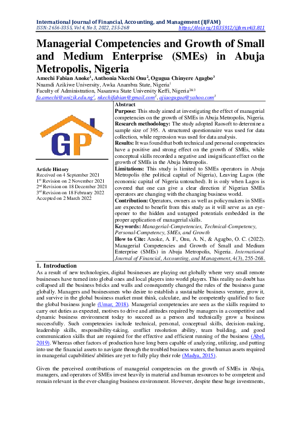 (PDF) Managerial Competencies and Growth of Small and Medium Enterprise (SMEs) in Abuja ...