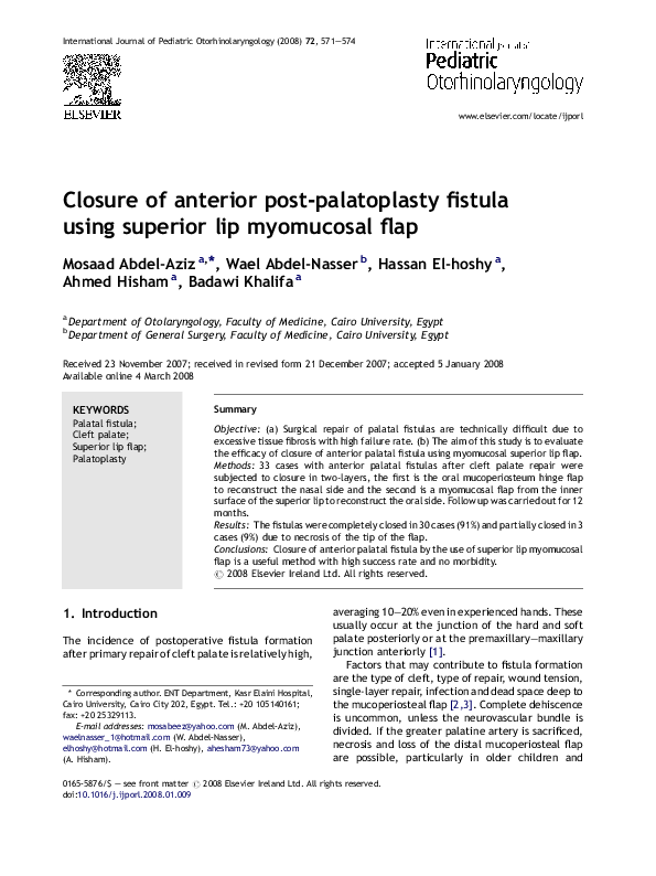 (PDF) Closure of anterior post-palatoplasty fistula using superior lip ...