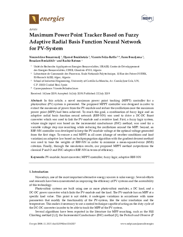 Pdf Maximum Power Point Tracker Based On Fuzzy Adaptive Radial Basis Function Neural Network