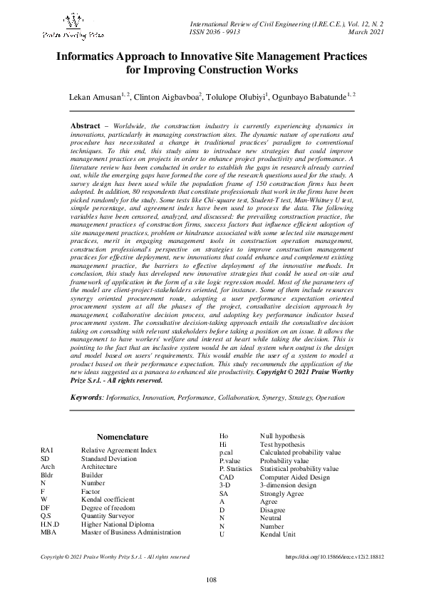 (PDF) Informatics Approach to Innovative Site Management Practices for ...