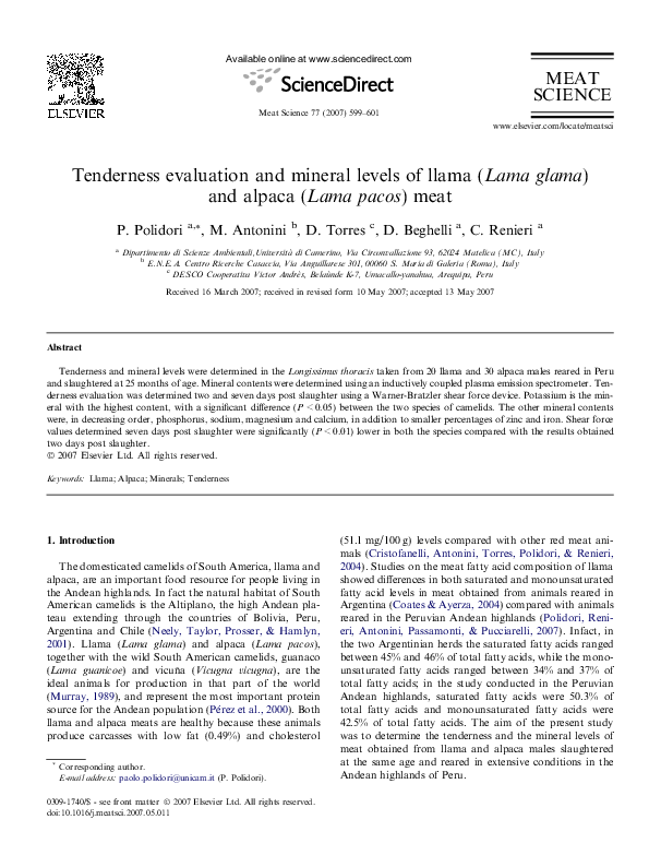(PDF) Tenderness evaluation and mineral levels of llama (Lama glama ...