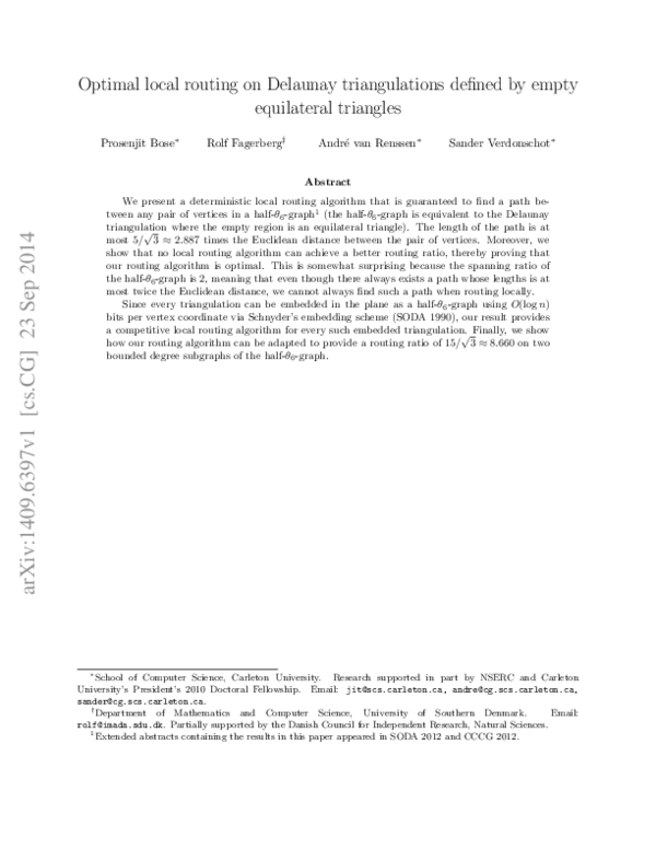 Pdf Optimal Local Routing On Delaunay Triangulations Defined By Empty Equilateral Triangles