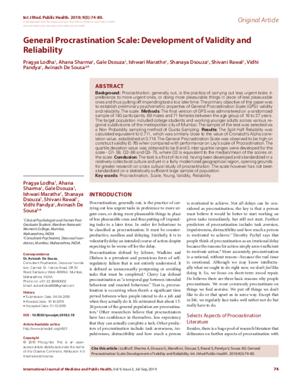 (PDF) General Procrastination Scale: Development of Validity and Reliability