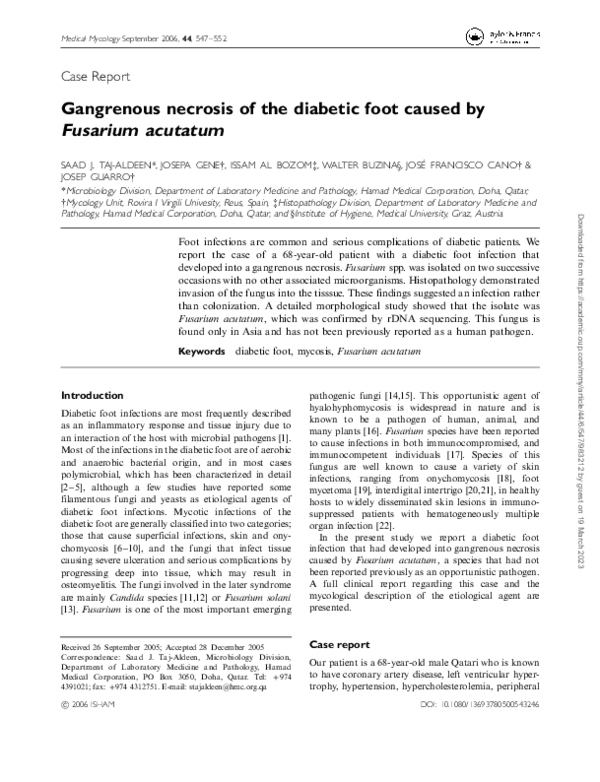 (PDF) Gangrenous necrosis of the diabetic foot caused byFusarium acutatum