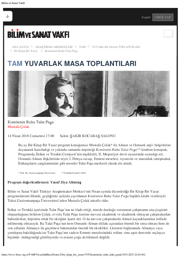 (PDF) Mustafa Çolak, [Komitenin Ruhu Talat Paşa]