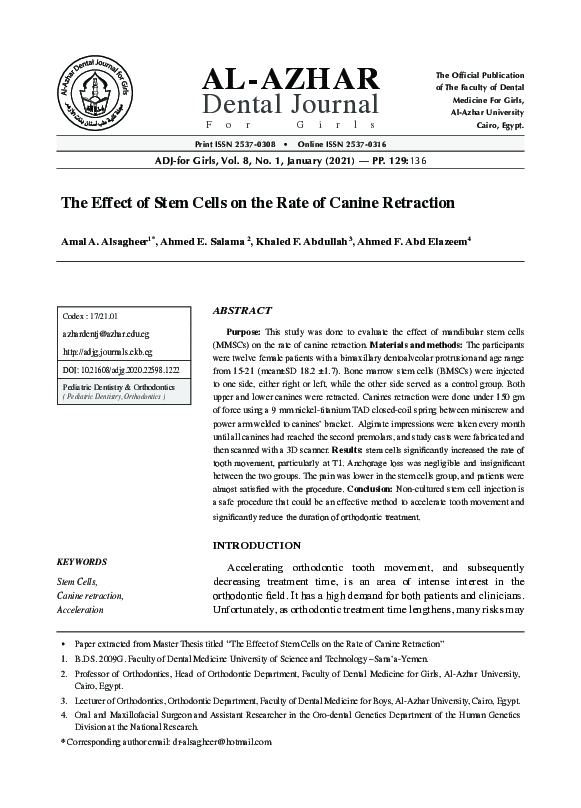 (PDF) The Effect of Stem Cells on the Rate of Canine Retraction