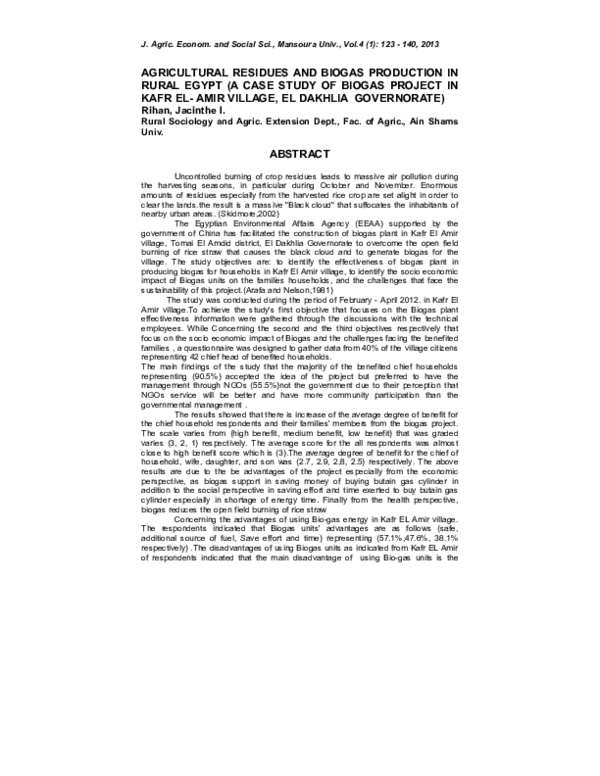 (PDF) Agricultural Residues and Biogas Production in Rural Egypt (A ...