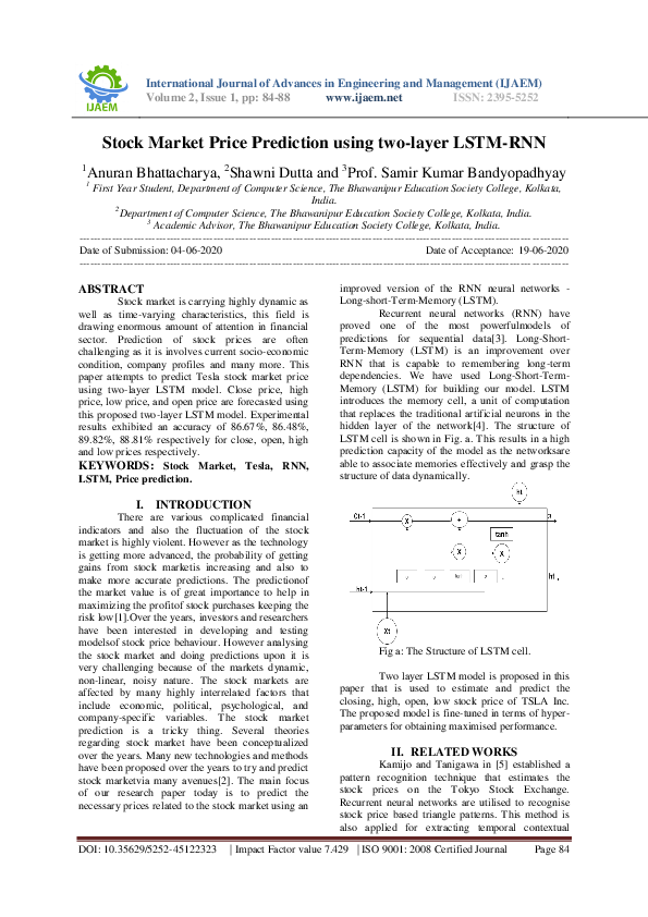 Pdf Stock Market Price Prediction Using Two Layer Lstm Rnn