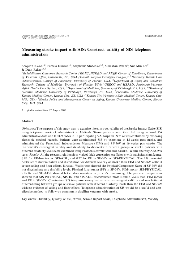 (PDF) Measuring Stroke Impact with SIS: Construct Validity of SIS ...