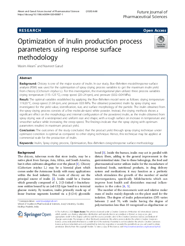(PDF) Optimization of inulin production process parameters using response surface methodology