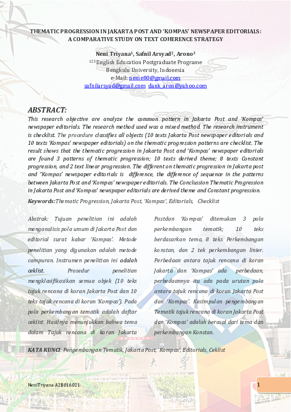 (PDF) Thematic Progression in Jakarta Post and ‘Kompas’ Newspaper ...