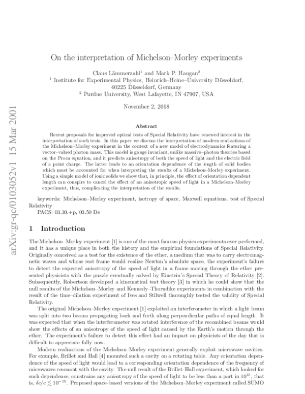 (PDF) On the interpretation of Michelson–Morley experiments